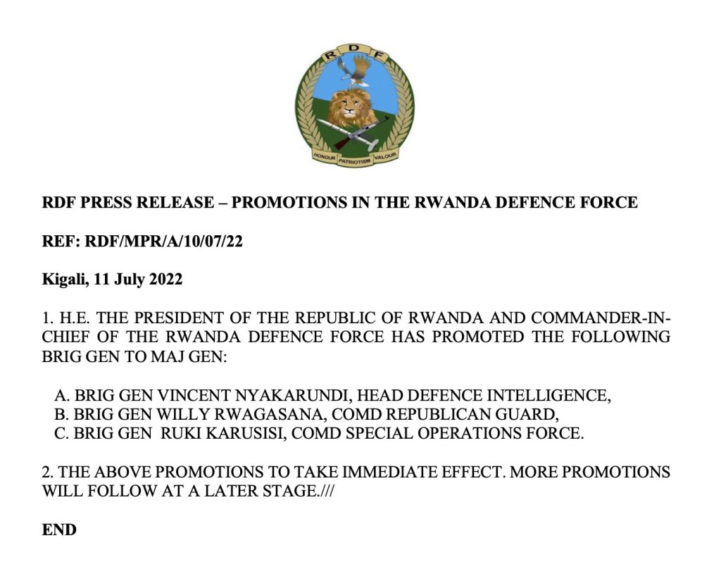 Perezida Kagame yazamuye mu ntera abajenerali batatu. - Amizero